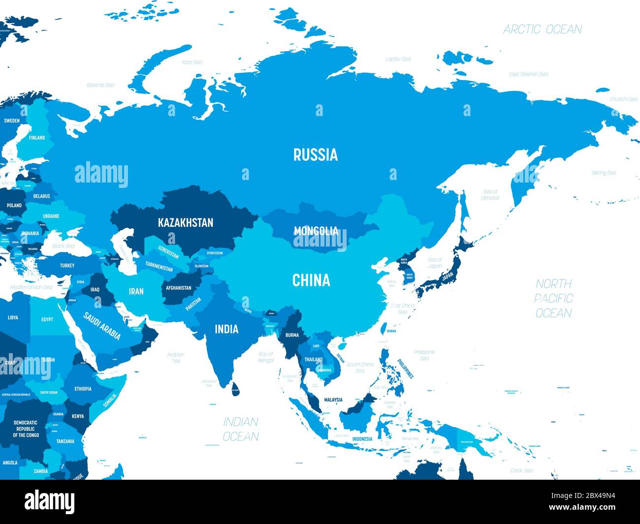 Asia - green hue colored on dark background. High detailed political ...
