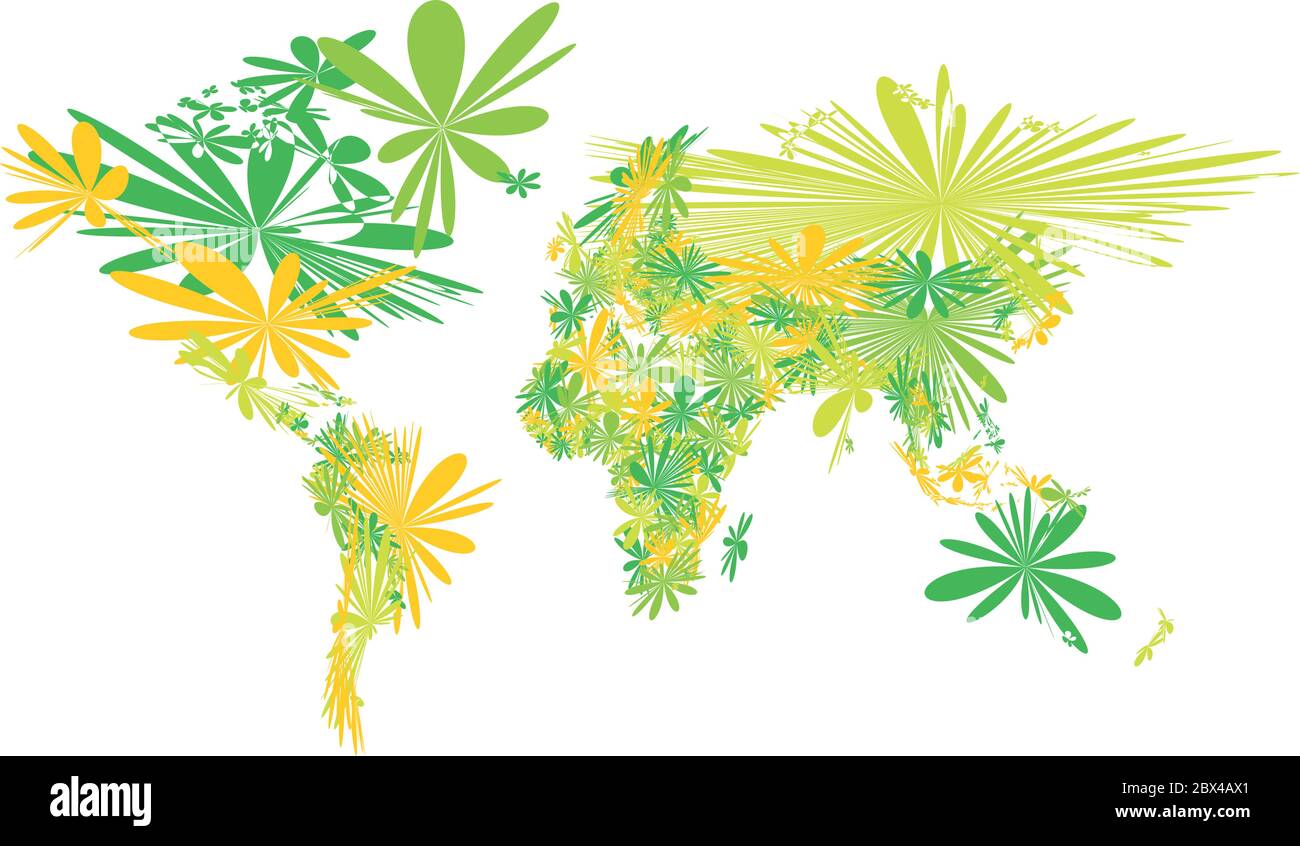 World map of spring blooming flowers. Green and yellow blossoms mosaic ...
