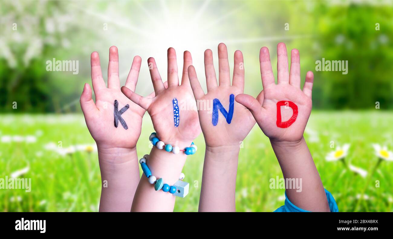 Children Hands Building Word Kind Means Kid, Grass Meadow Stock Photo ...