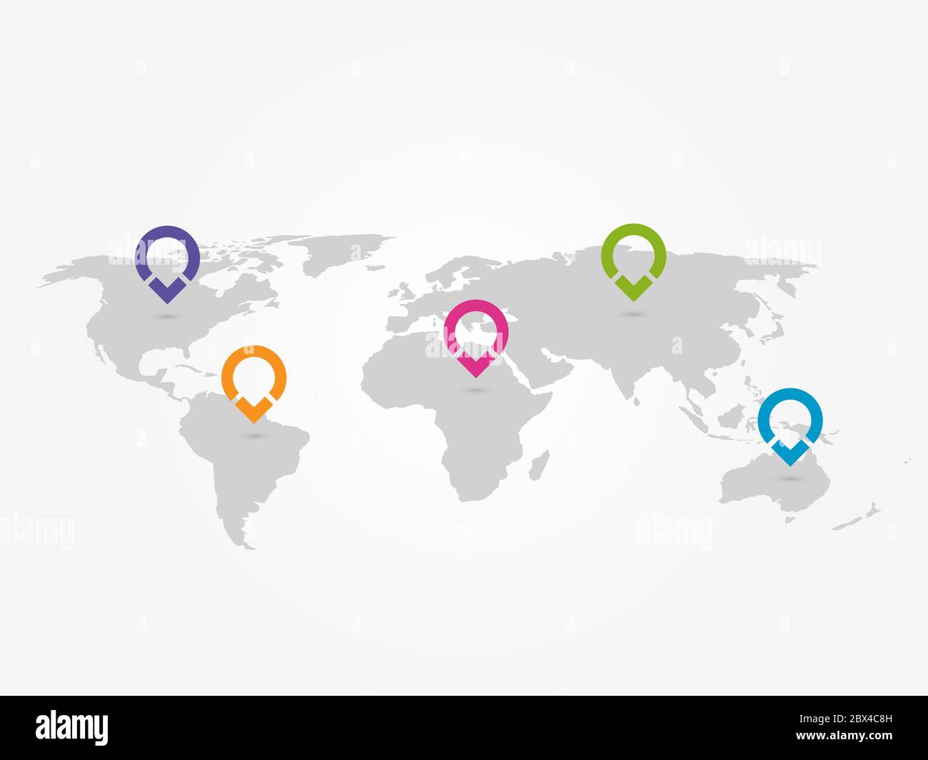 Map of World with navigation pointers. Grey map infographics with colorful ring pins. Vector ...
