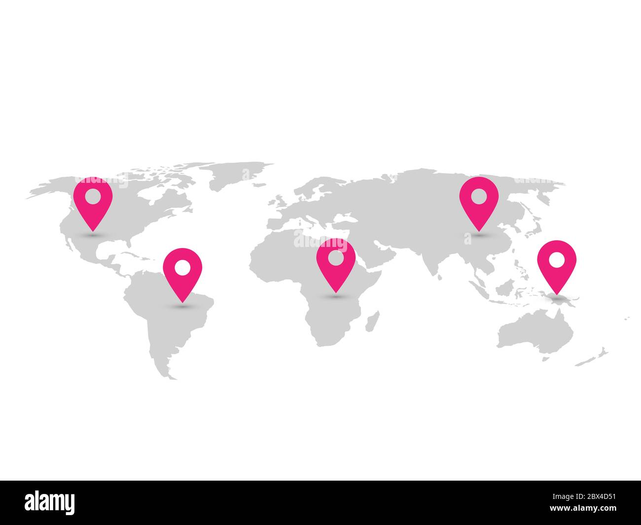 Map of World with navigation pointers. Grey map infographics with pink pins. Vector illustration ...