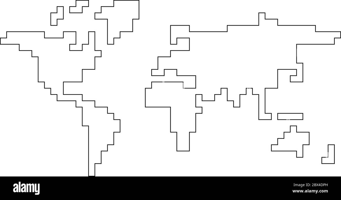 Pixelited map of World. Black outline on white background. Flat vector ...