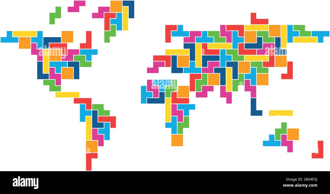 World map mosaic of colorful tetris blocks. Flat vector illustration ...