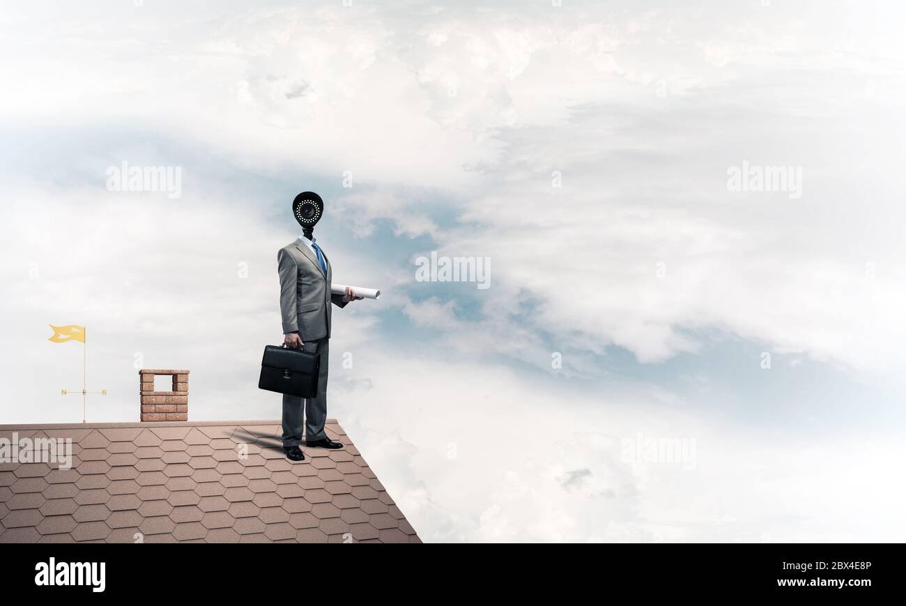 Concept of home security and privacy protection with camera headed man ...