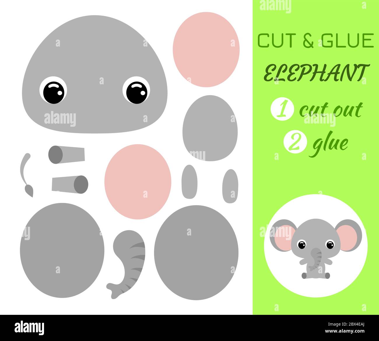 Cut and glue baby sitting elephant. Color paper application game ...