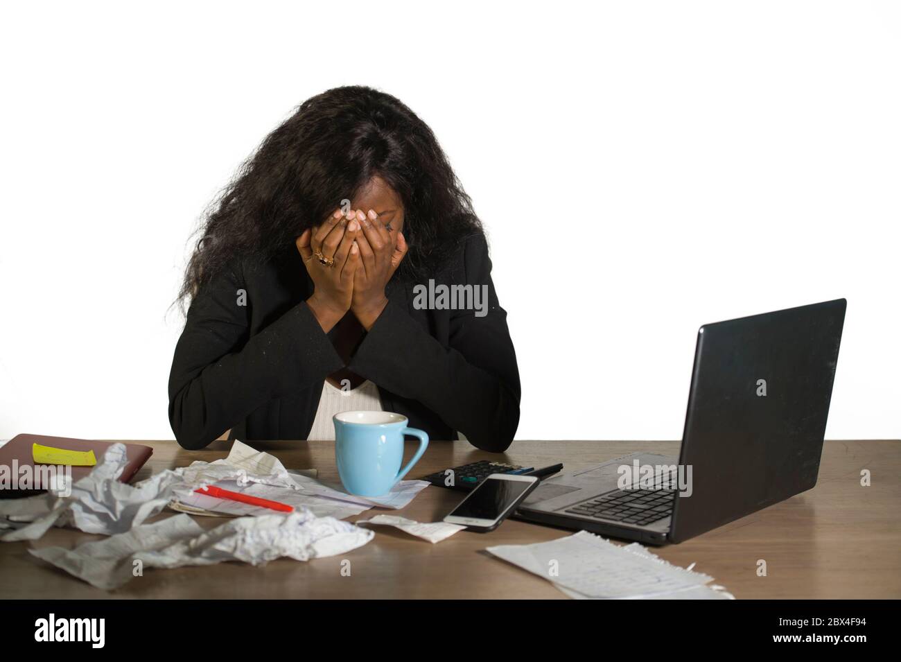 desperate and depressed black African American businesswoman crying sad ...