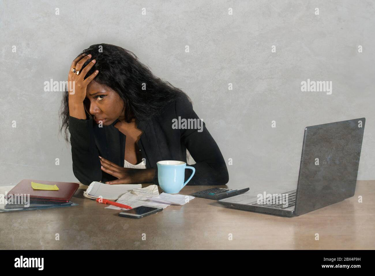 desperate and depressed black African American businesswoman crying sad ...