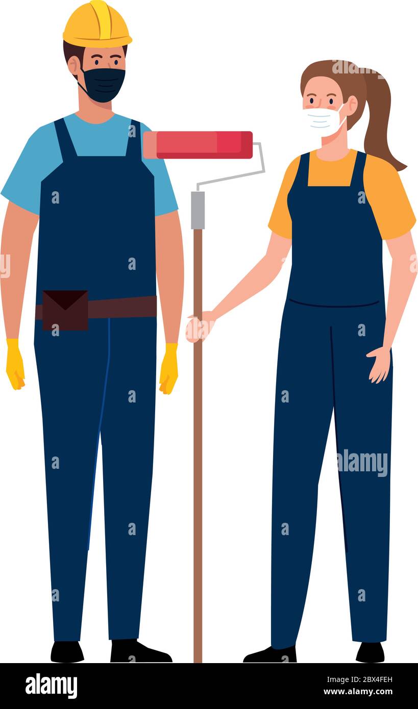 Female and male painter and constructer with masks vector design Stock ...