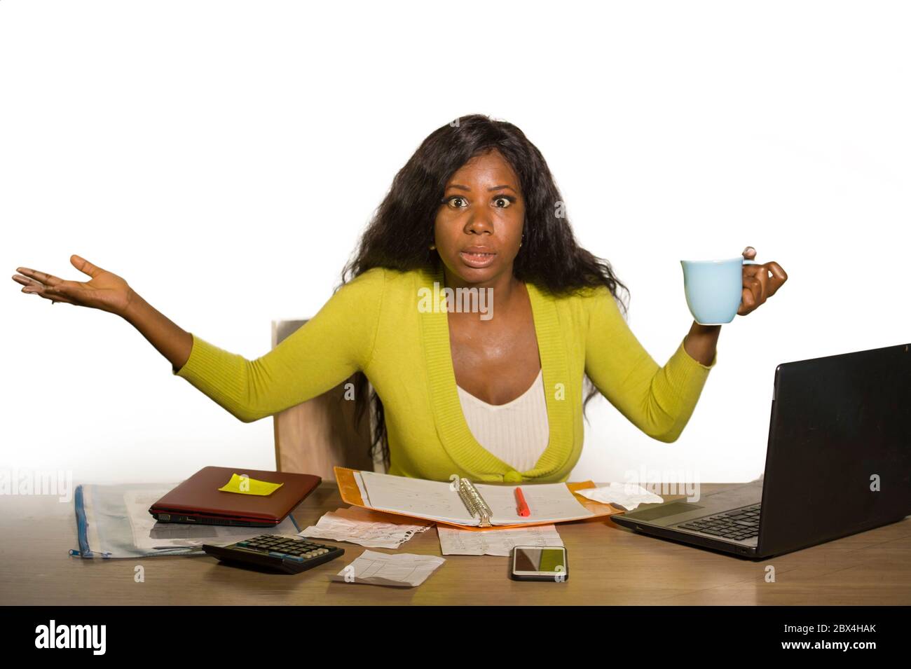 young attractive stressed and overworked black African American woman ...