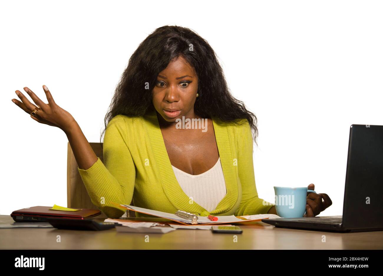 young attractive stressed and overworked black African American woman ...