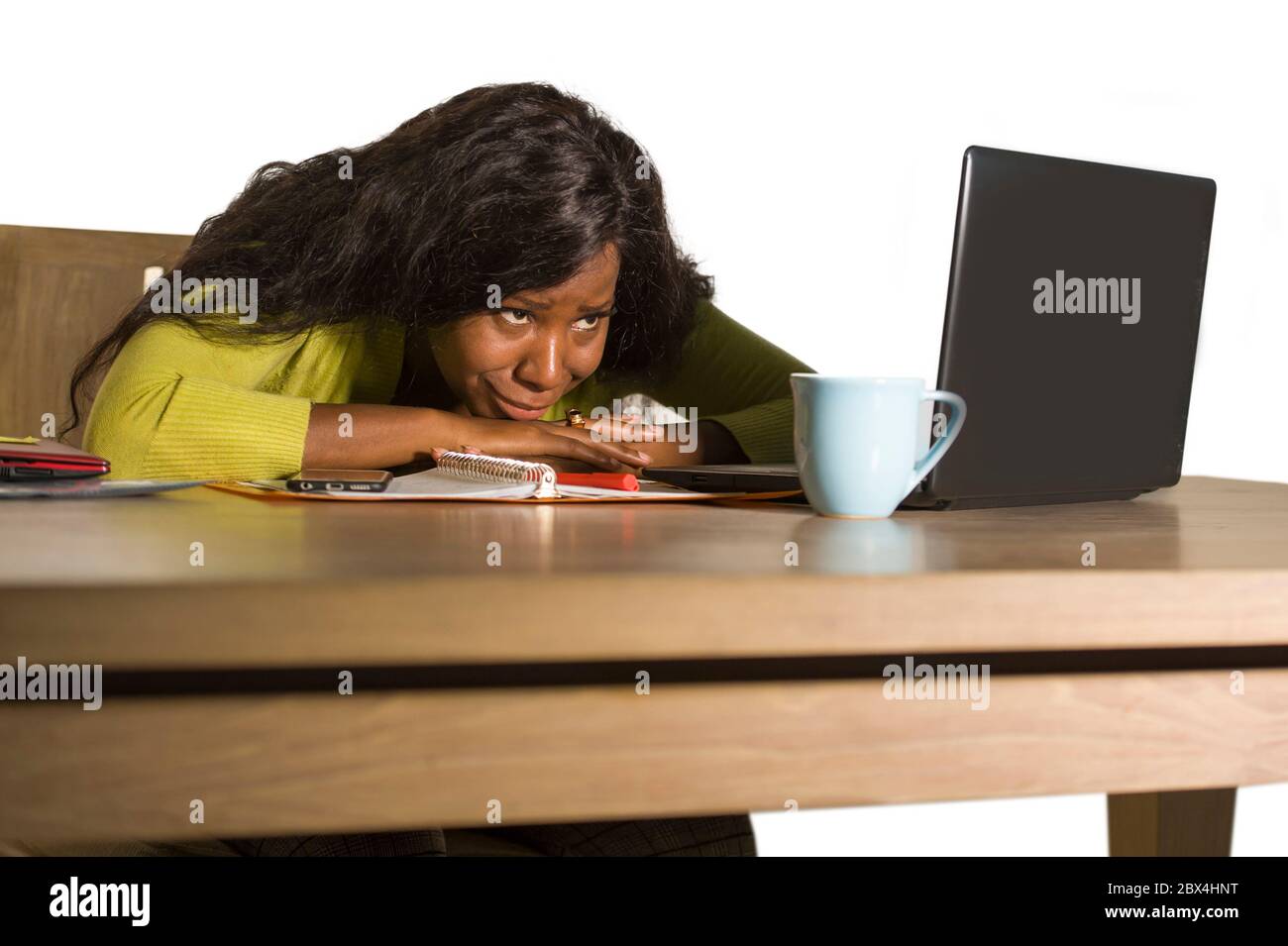 close up portrait of young sad and depressed black afro American ...