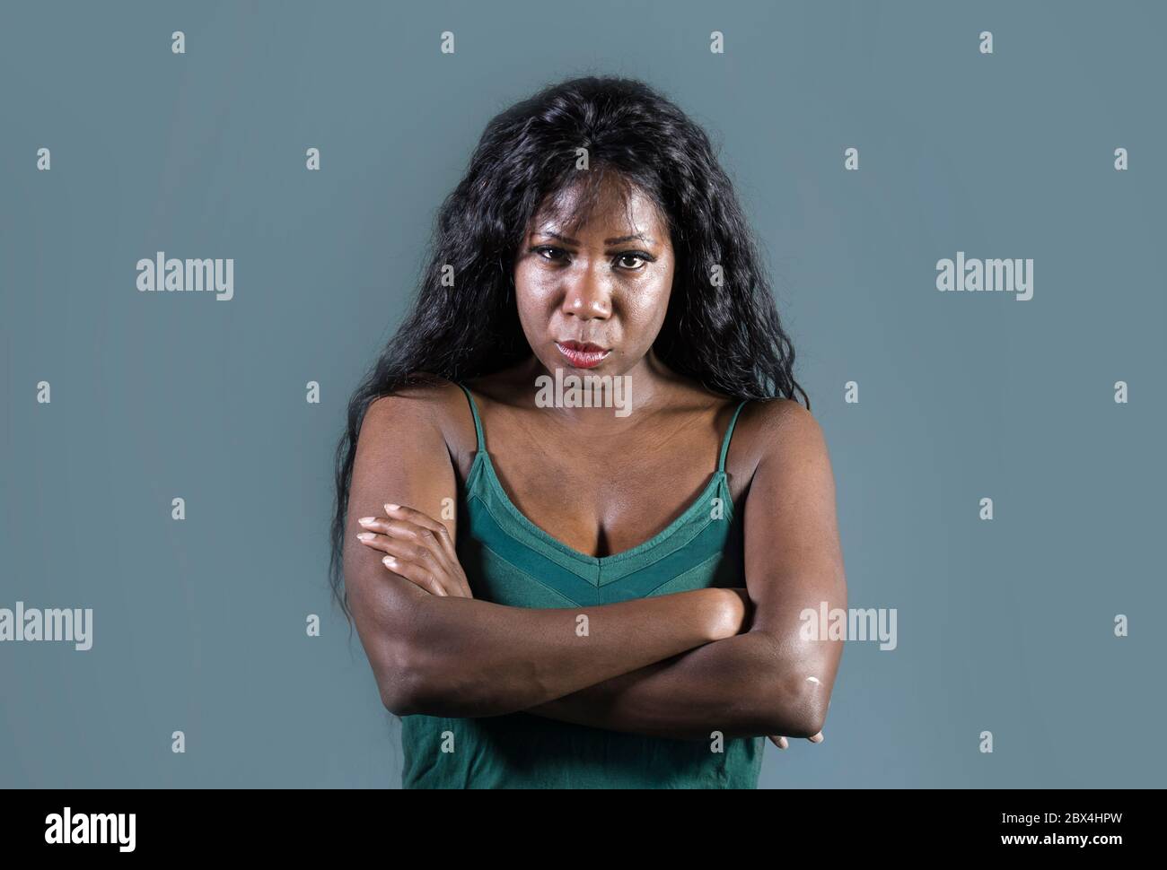 young beautiful and stressed black African American woman feeling upset ...