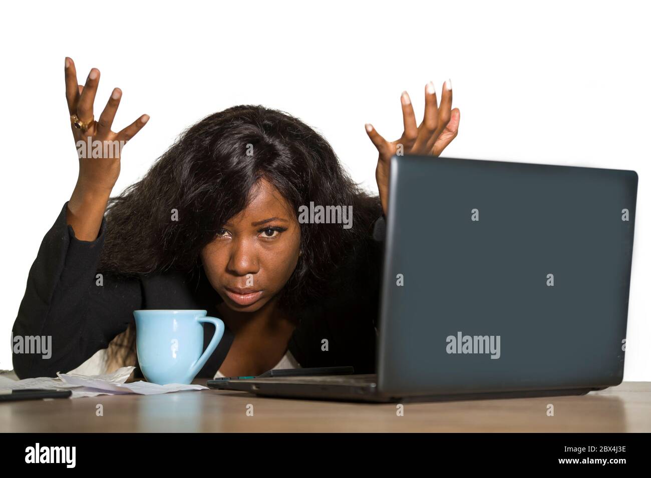 young depressed and overwhelmed black African American business woman ...