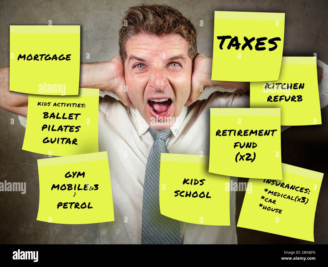 money expenses notes and businessman and family man screaming desperate ...