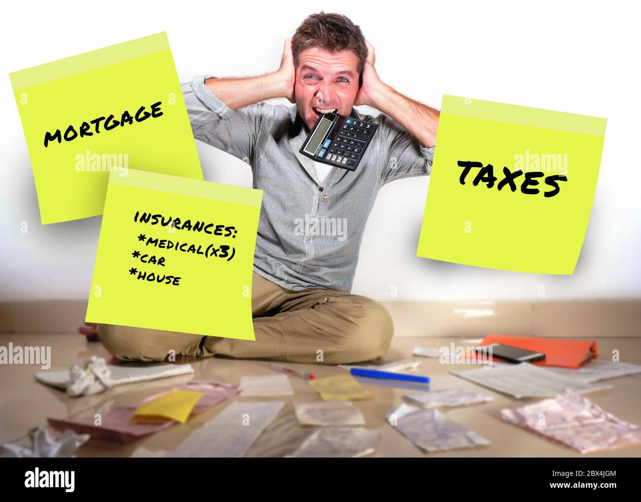 domestic expenses handwritten notes and business man depressed and ...