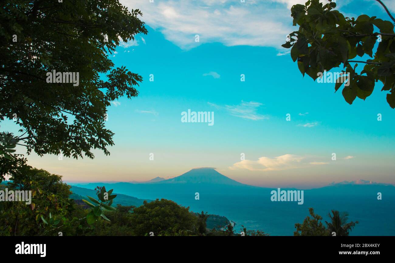 amazing beautiful scenic view of active volcano Mount Agung in Bali ...