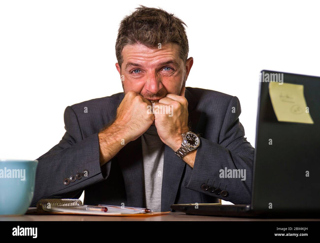 young attractive depressed and frustrated man working at office ...