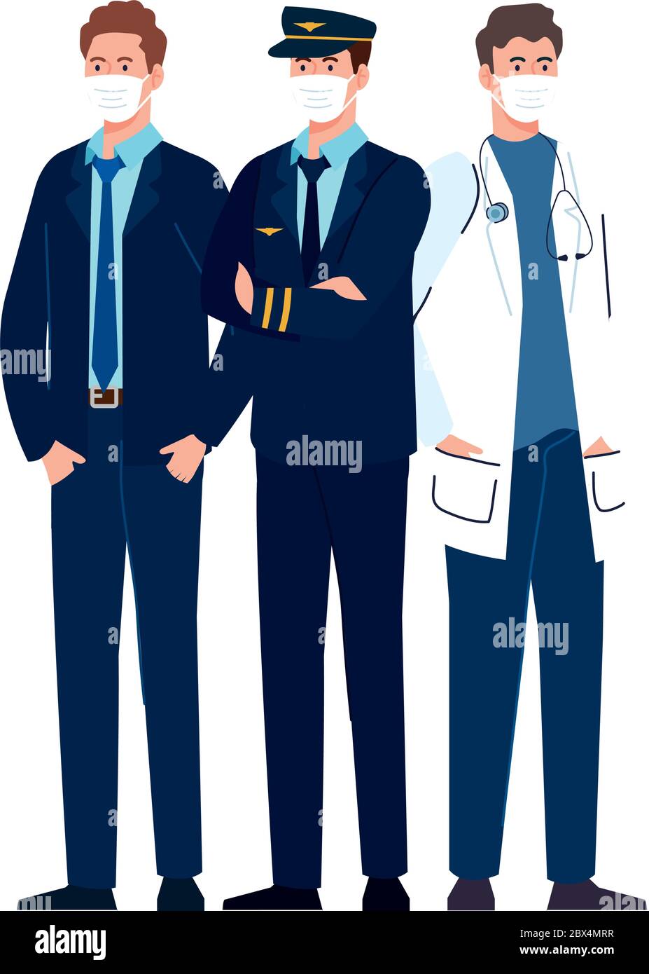 male pilot doctor and businessman with masks vector design Stock Vector ...