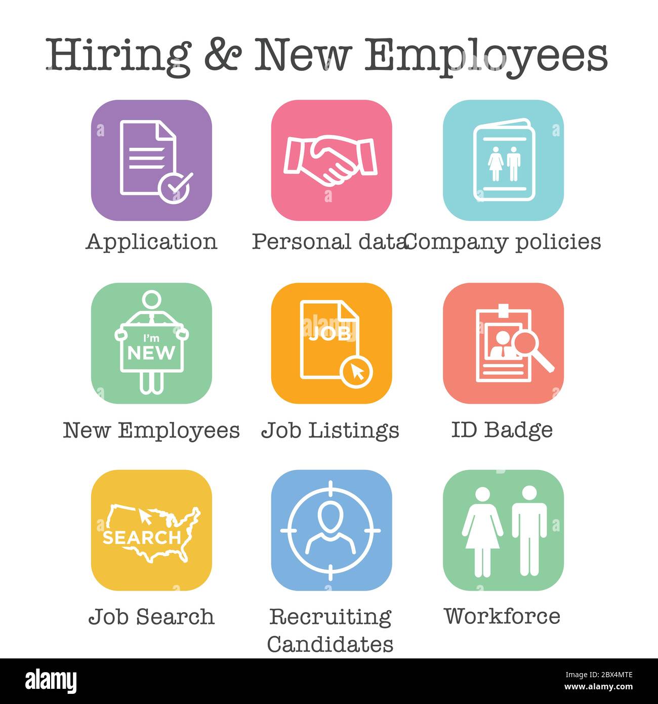 Hiring and Employees icons w job related images showing hiring Stock ...