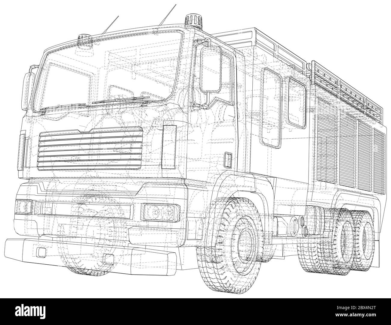 Vector Wire-frame isolated Fire truck on background. Vector rendering ...