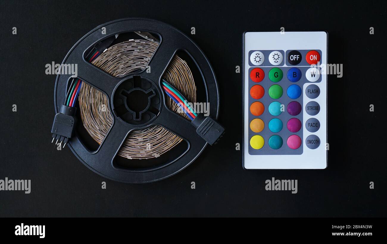 Led strip coil closeup. Diode with control panel for switching colors ...