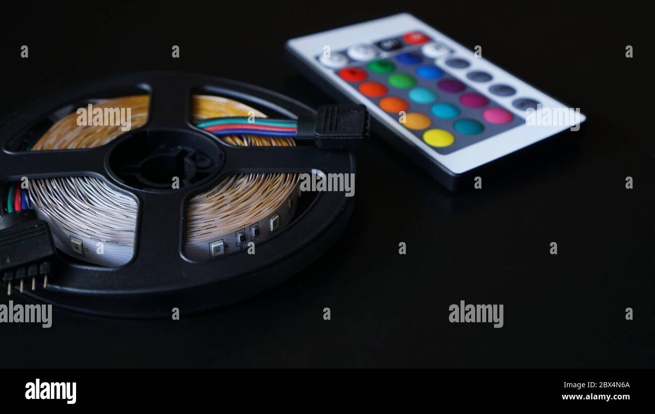 Led strip coil closeup. Diode with control panel for switching colors ...