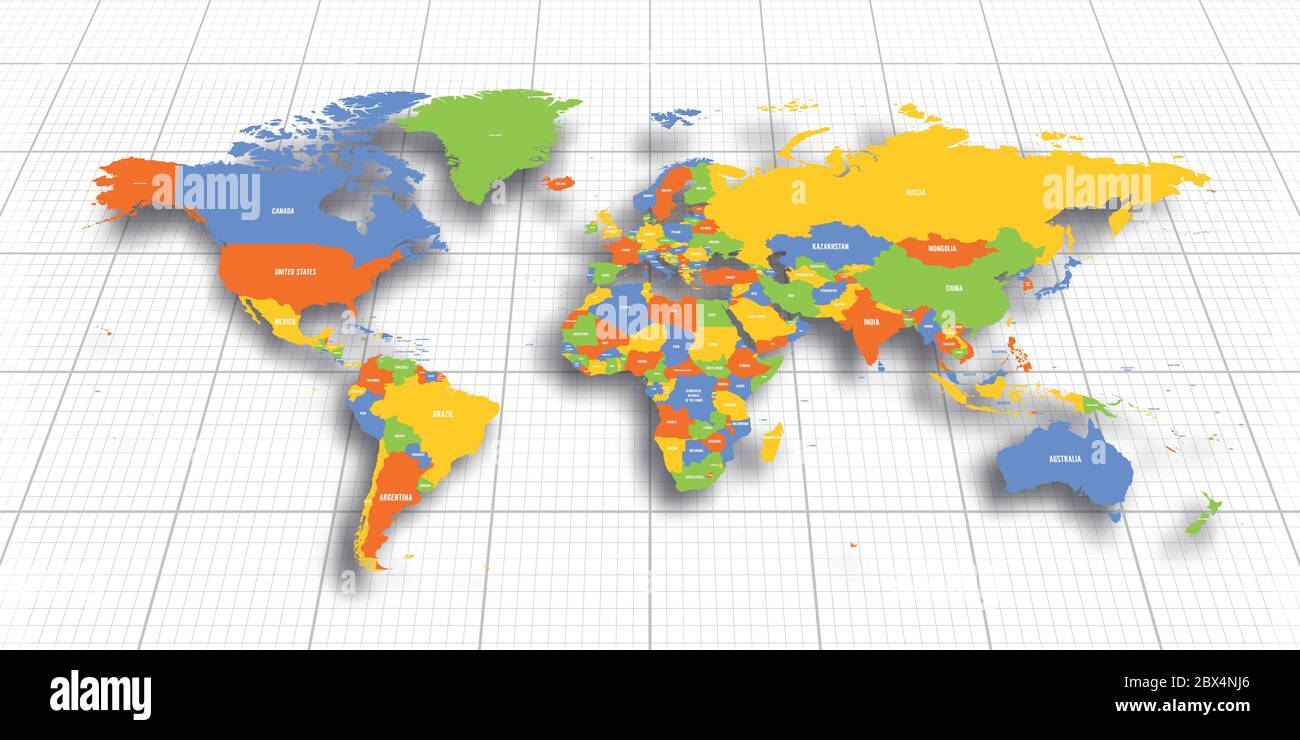 Colorful geopolitical map of World. Bottom perspective view with ...