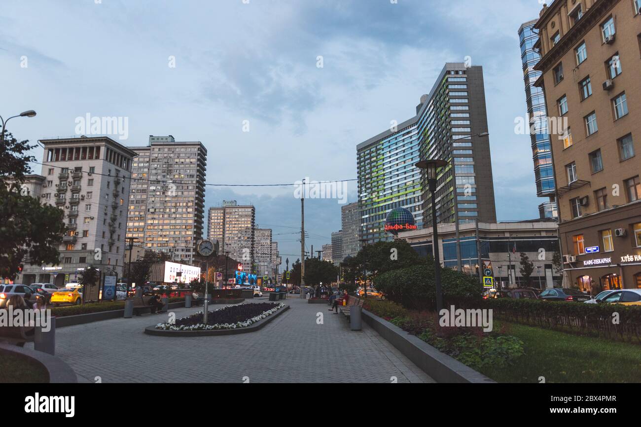 August 14, 2019 Moscow, Russia. Novy Arbat street in Moscow late at ...