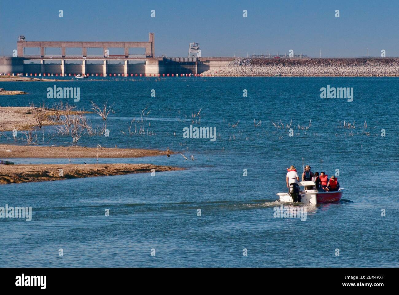 Motorboat at Falcon Lake, artificial reservoir on Rio Grande, Falcon ...