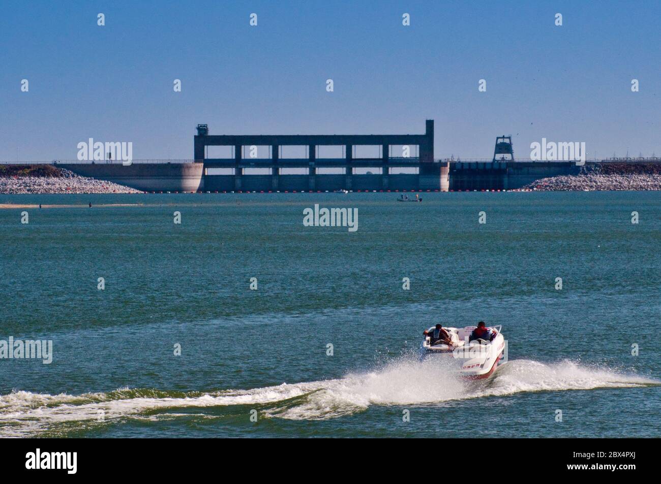 Motorboat at Falcon Lake, artificial reservoir on Rio Grande, Falcon ...