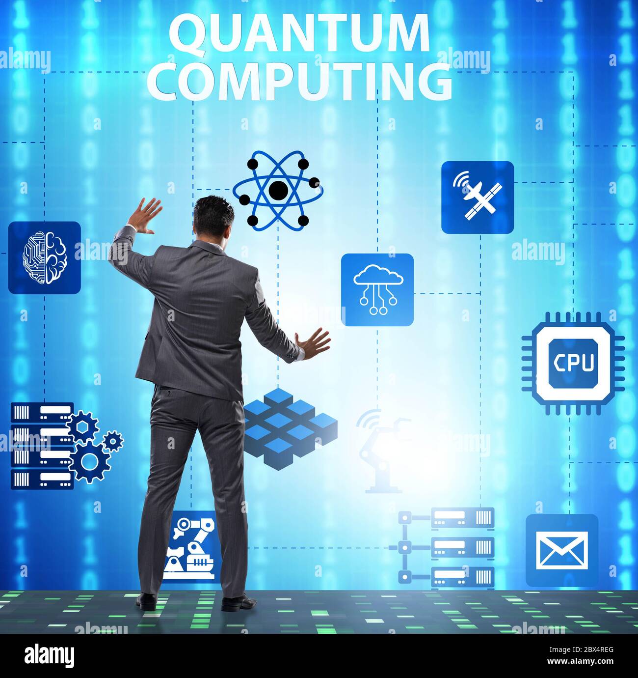 The businessman pressing virtual button in quantum computing concept ...