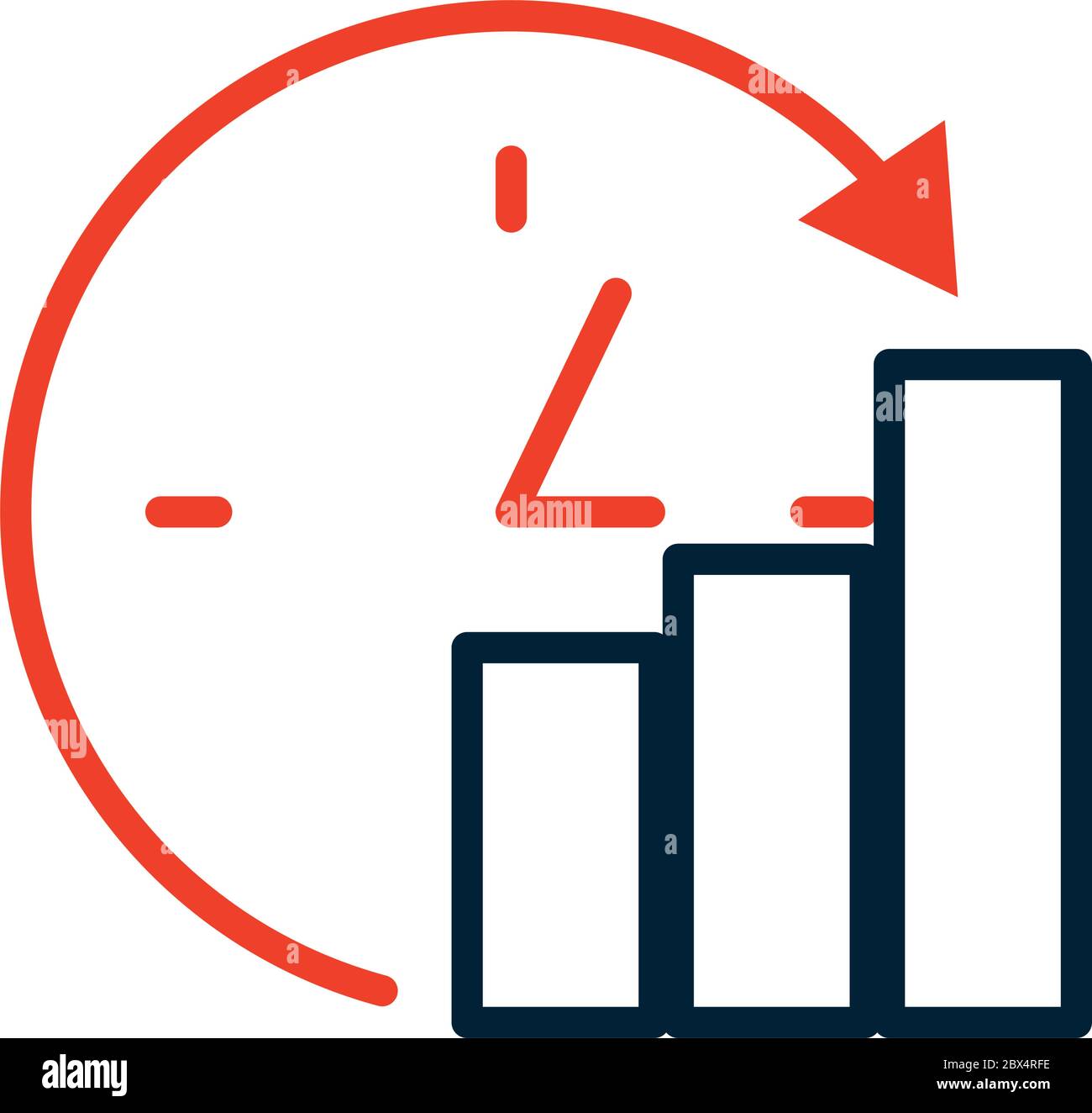 clock and bar graphic chart icon over white background, half line half ...