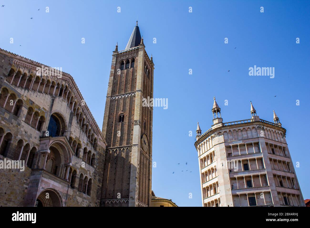 View of Cathedral Clock Tower and Baptistery, Piazza del Duomo, Parma ...