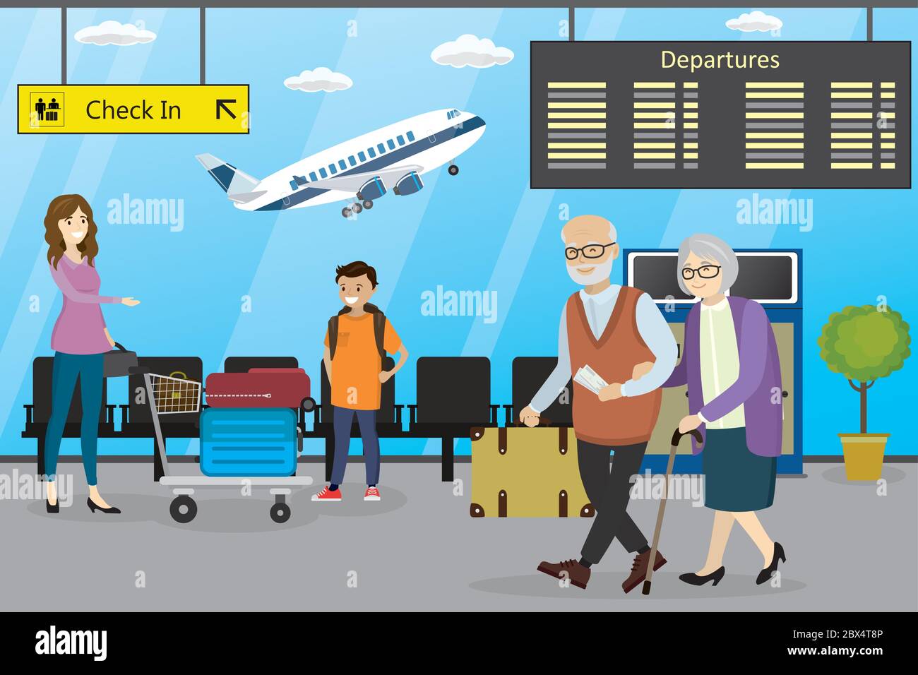 Different cartoon people in airport,airport interior,airplane on ...