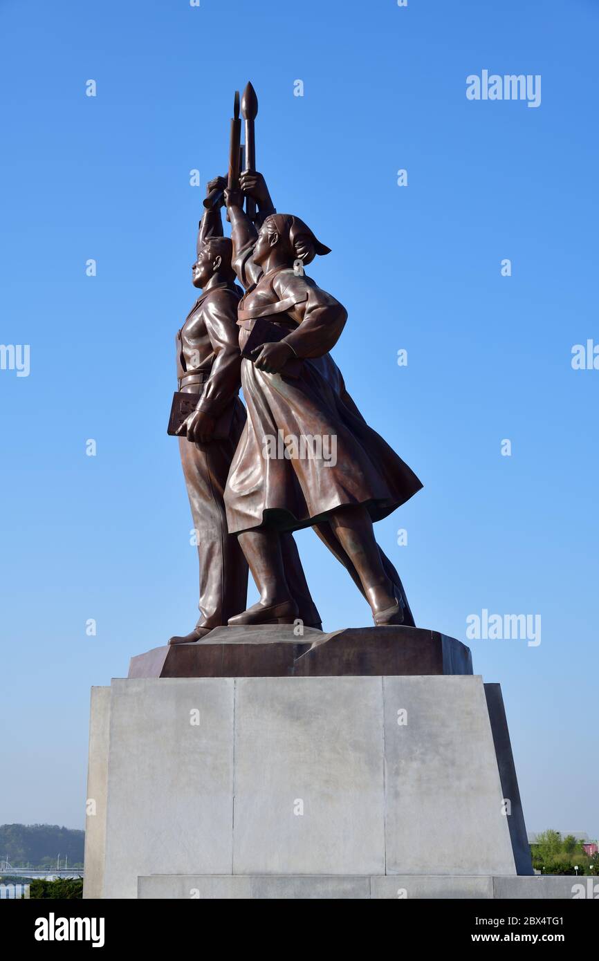 Pyongyang, North Korea - May 1, 2019: Juche statue consisting of three ...