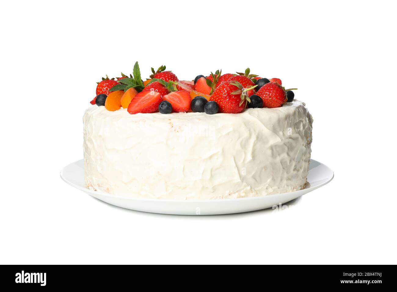 Plate with berry cream cake isolated on white background Stock Photo ...