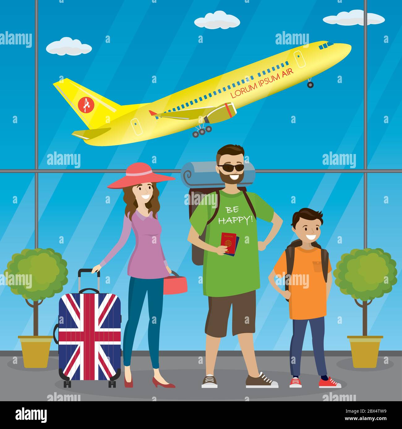 Cartoon caucasian family of travelers at the airport, taking off ...