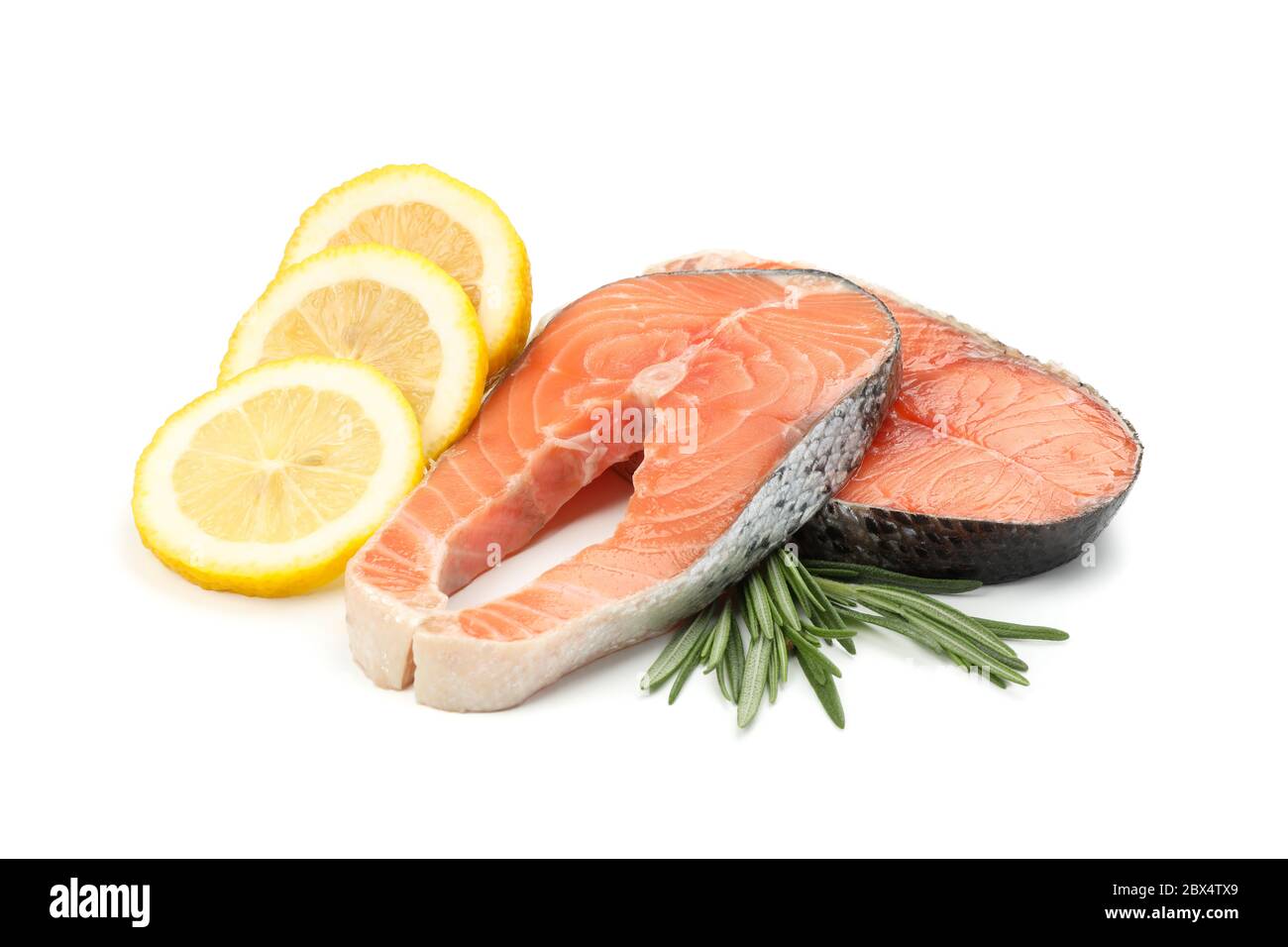 Fresh raw salmon meat and spices isolated on white background Stock ...