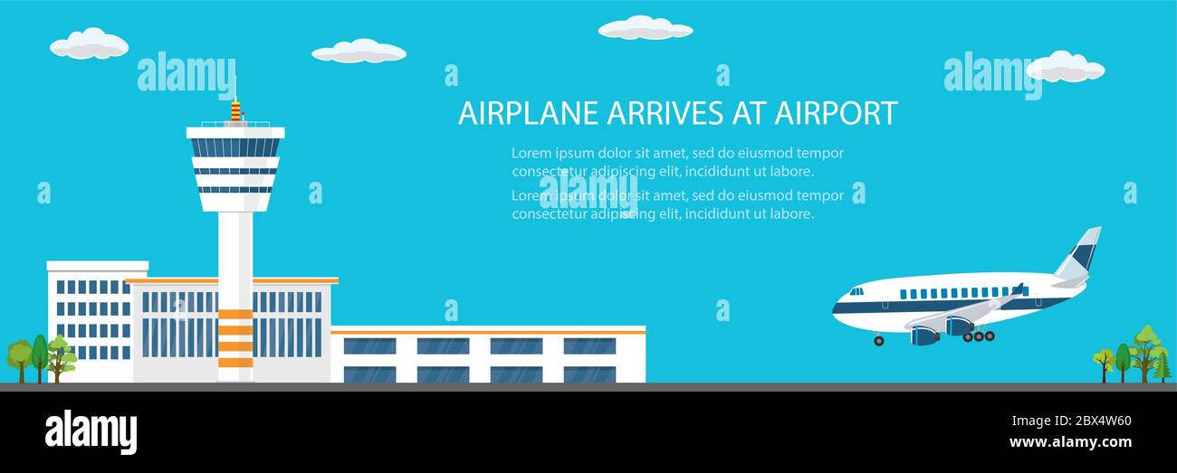 Banner with Airport buildings, control tower, runway and landing modern ...