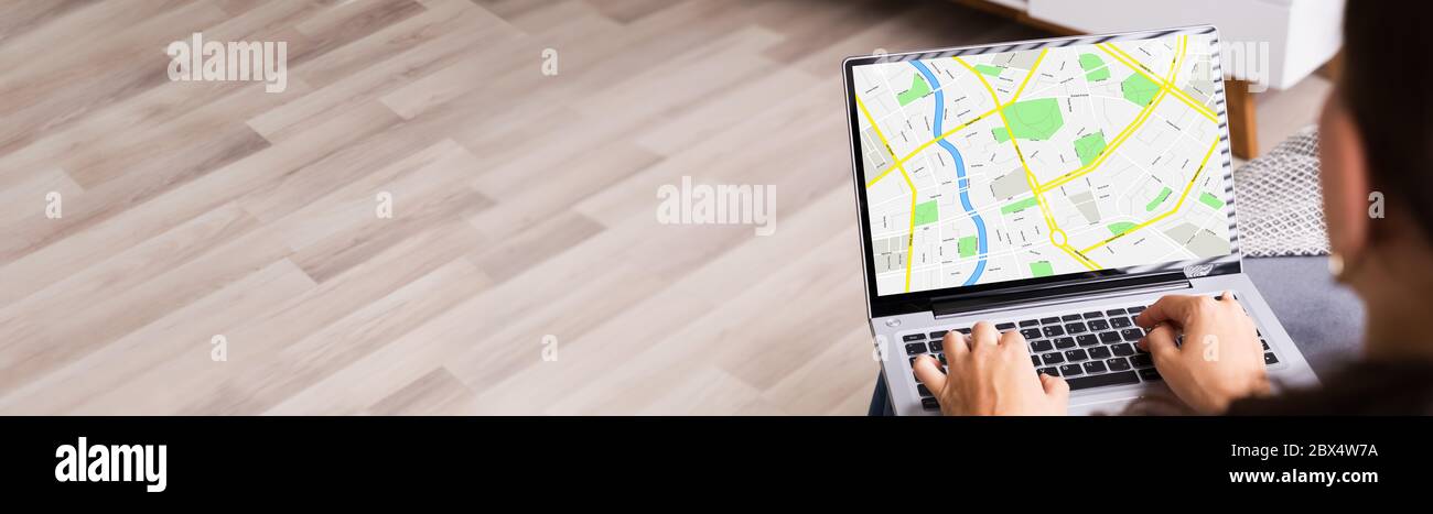 Searching Location Using Online GPS Map On Laptop Stock Photo - Alamy