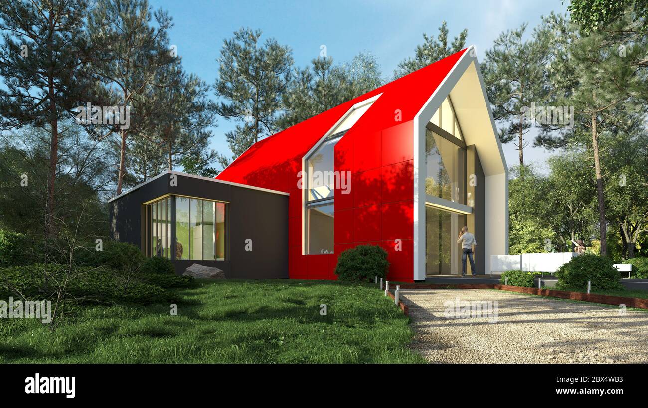3D rendering of a bright red modern house in a natural landscape Stock ...