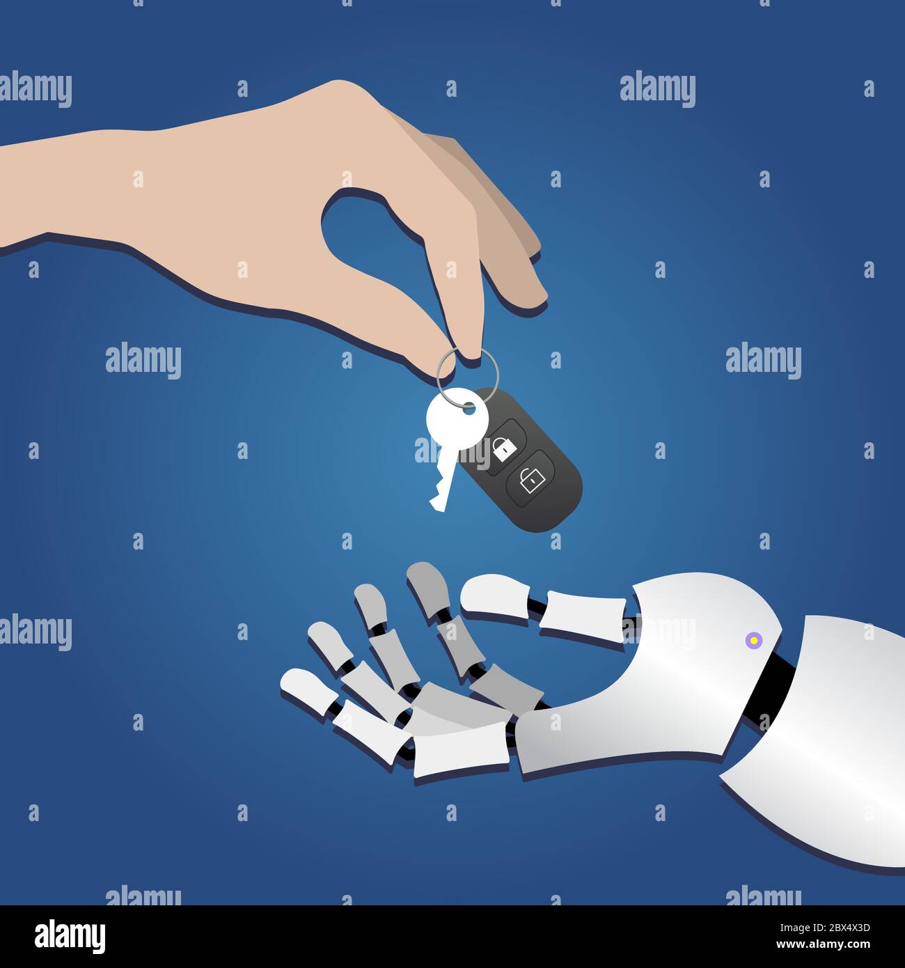 human hand gives car keys to robot hands on dark blue background Stock ...