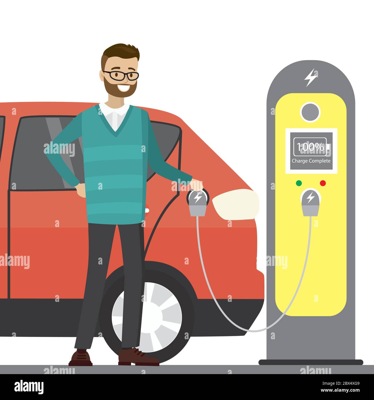 Caucasian male charging an electric vehicle from a charging station ...