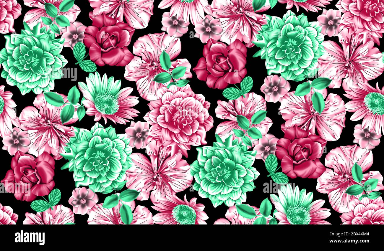 Seamless pattern with spring flowers and leaves. Hand drawn background ...