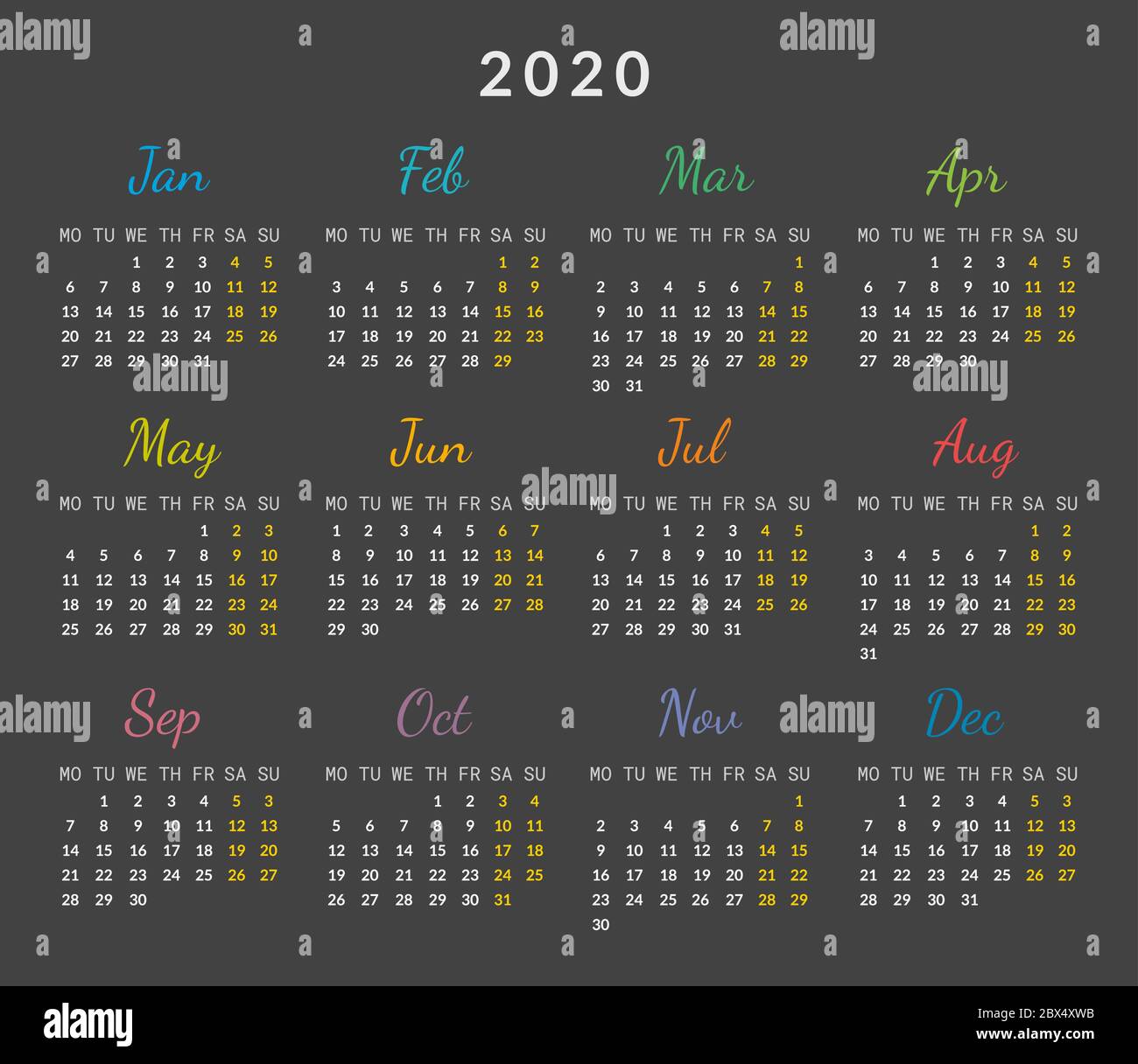 2020 year calendar cards isolated on dark background vector ...