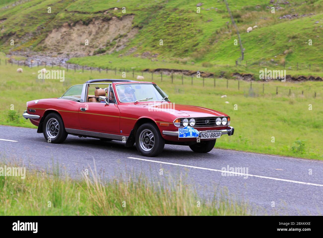 MOFFAT, SCOTLAND - JUNE 29, 2019: 1975 Triumph Stag Convertible car in ...
