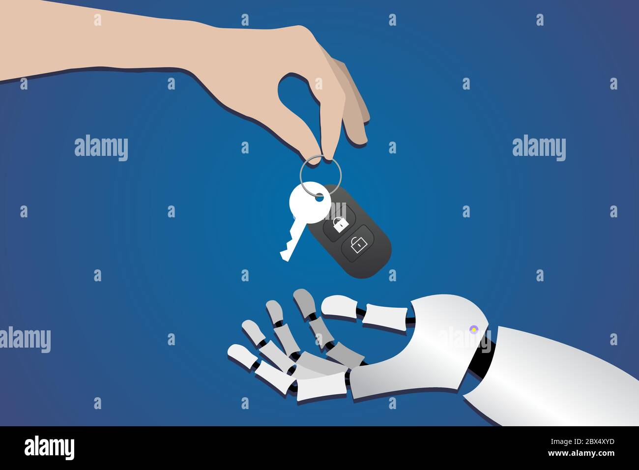 human hand gives car keys to robot hands on dark blue background Stock ...