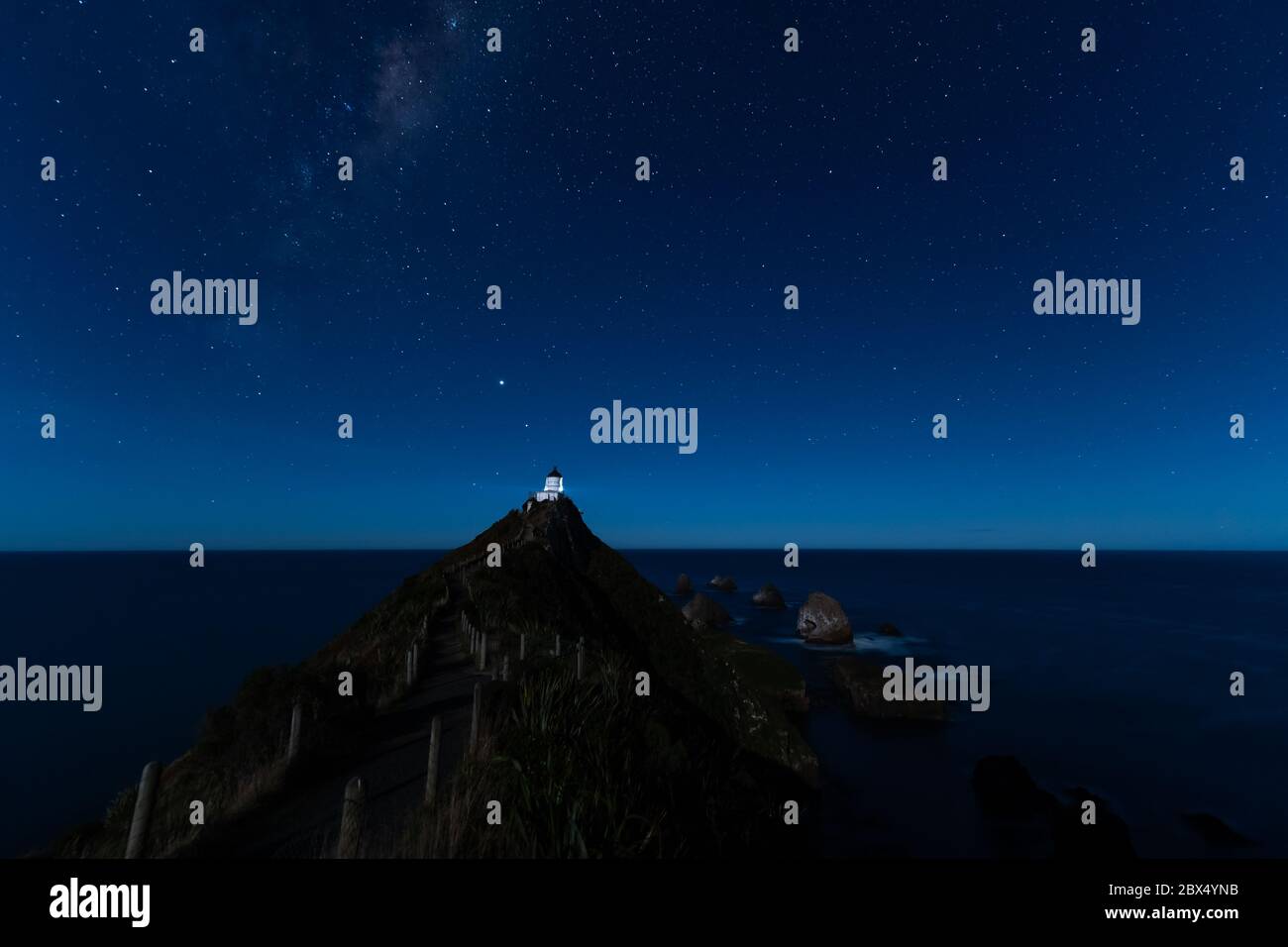 Starry night at Nugget Point Lighthouse, New Zealand, under the Milky ...