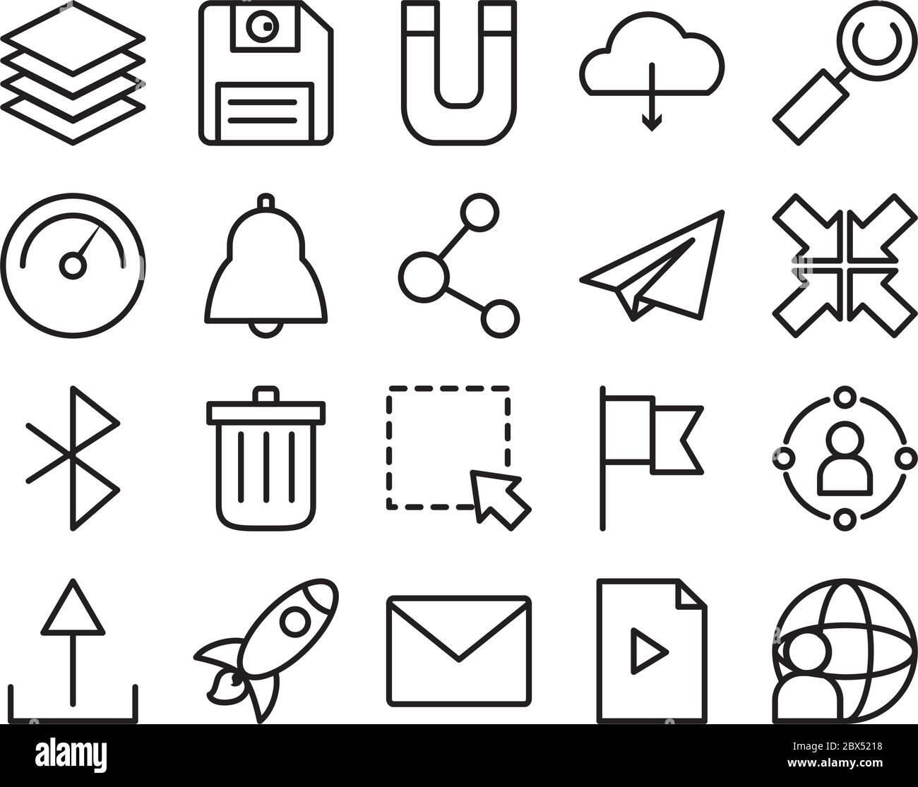 global sphere and user interface icon set over white background, line ...