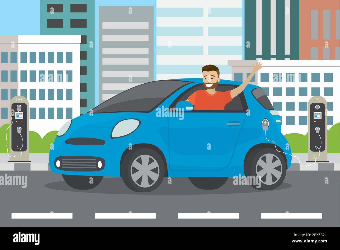 Happy cartoon caucasian male rides in blue electric car and electric ...